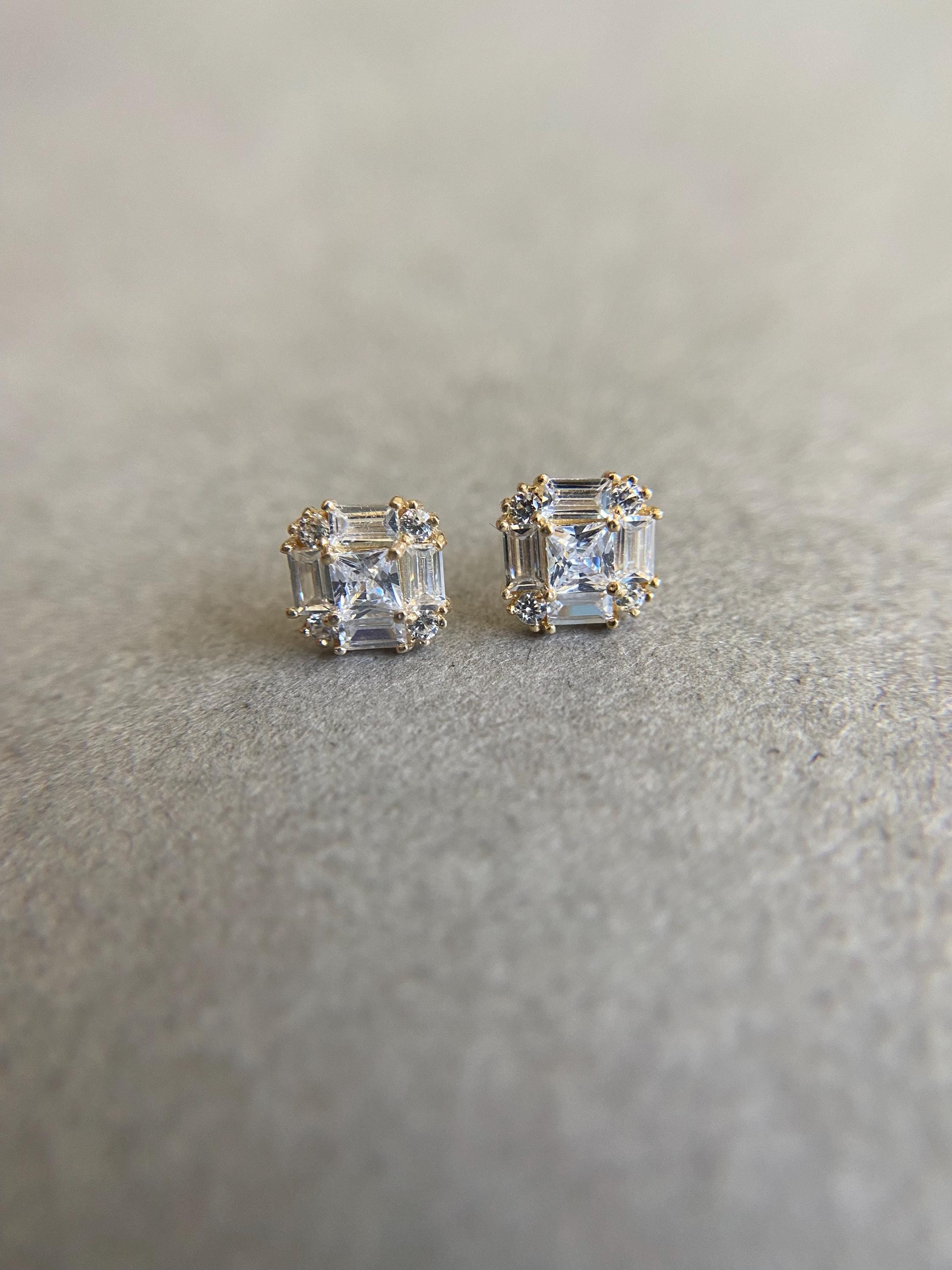 14K Solid Gold Square Baguette Setting Stud Earrings - 14K Solid Gold ...