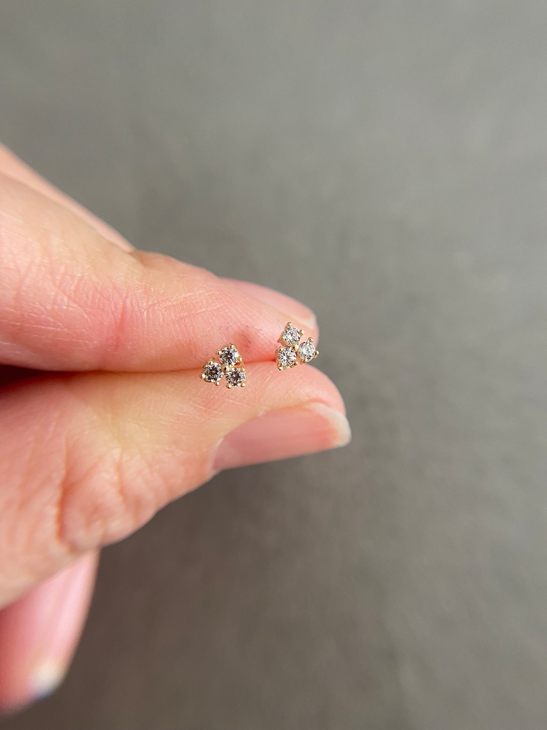 SCREW BACK/14K Solid Gold Tiny CZ 3 Stone Stud Earrings - 14K Solid ...