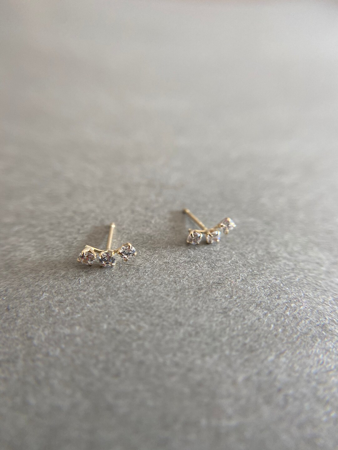 14K Solid Gold Tiny CZ Round Bar Crecent Moon Stud Earrings - 14K Solid ...