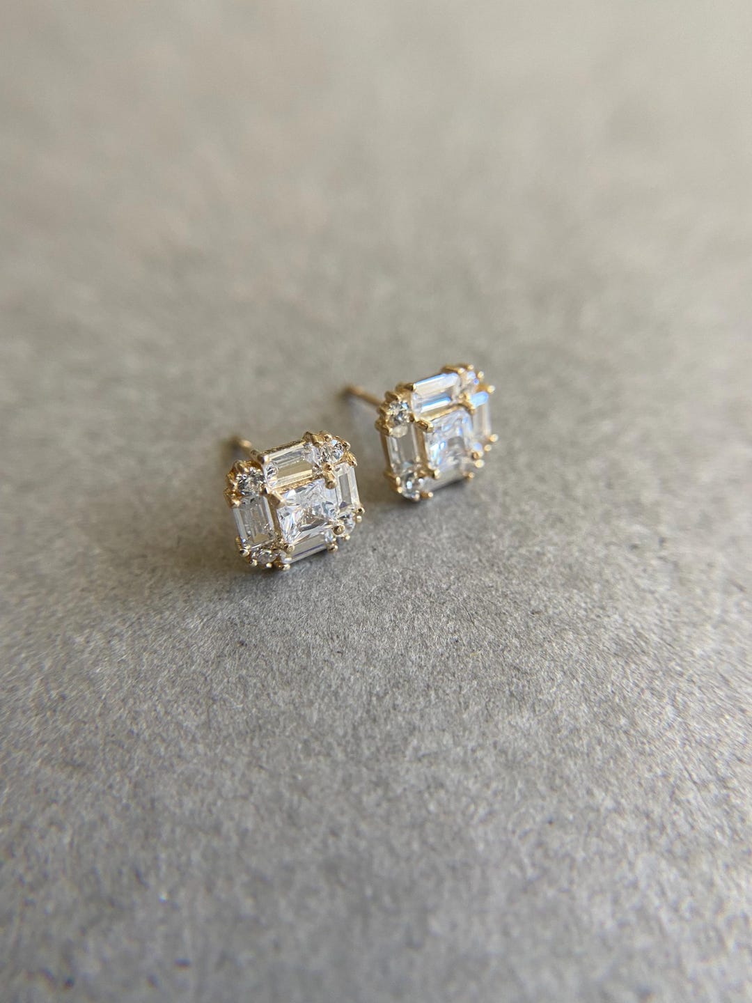14K Solid Gold Square Baguette Setting Stud Earrings - 14K Solid Gold ...