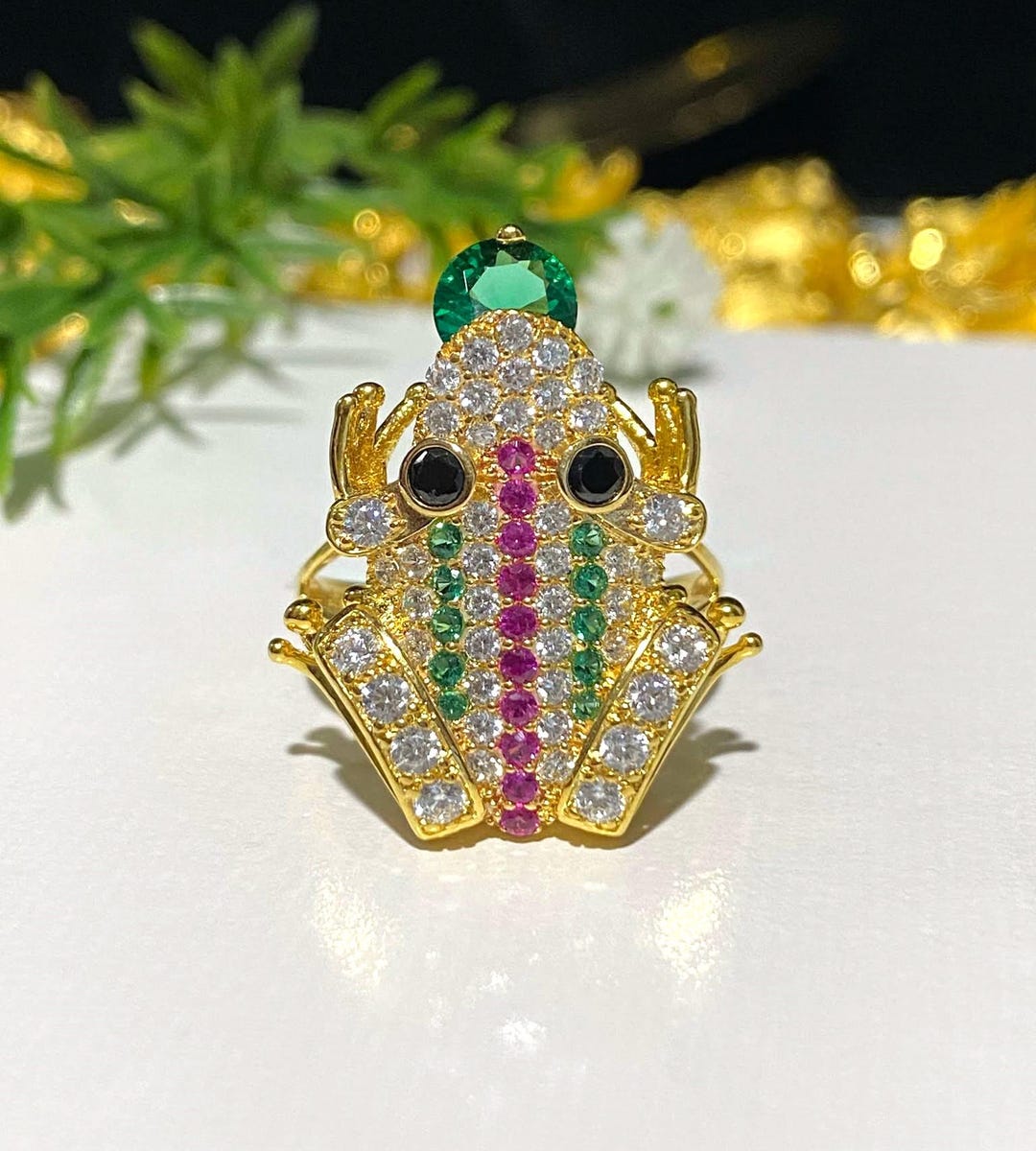Vintage 15K Gold Frog Ring Emerald, Ruby, Topaz, Sapphire Eyes, Size 7. ...