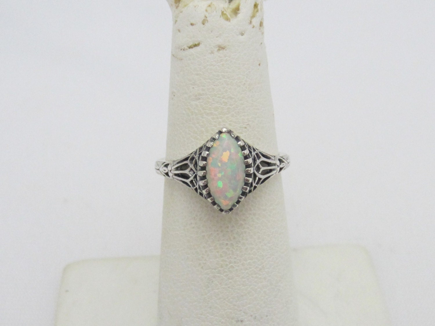 Vintage Sterling Silver Marqui Cut White Opal Filigree Ring | Etsy