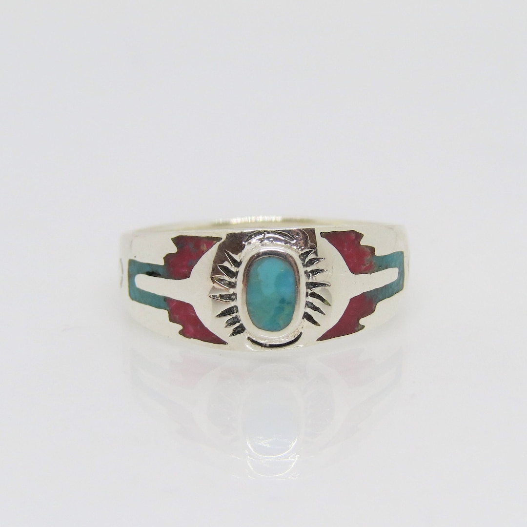 Vintage Sterling Silver Natural Turquoise, Red Coral Ring Size 6 - Etsy