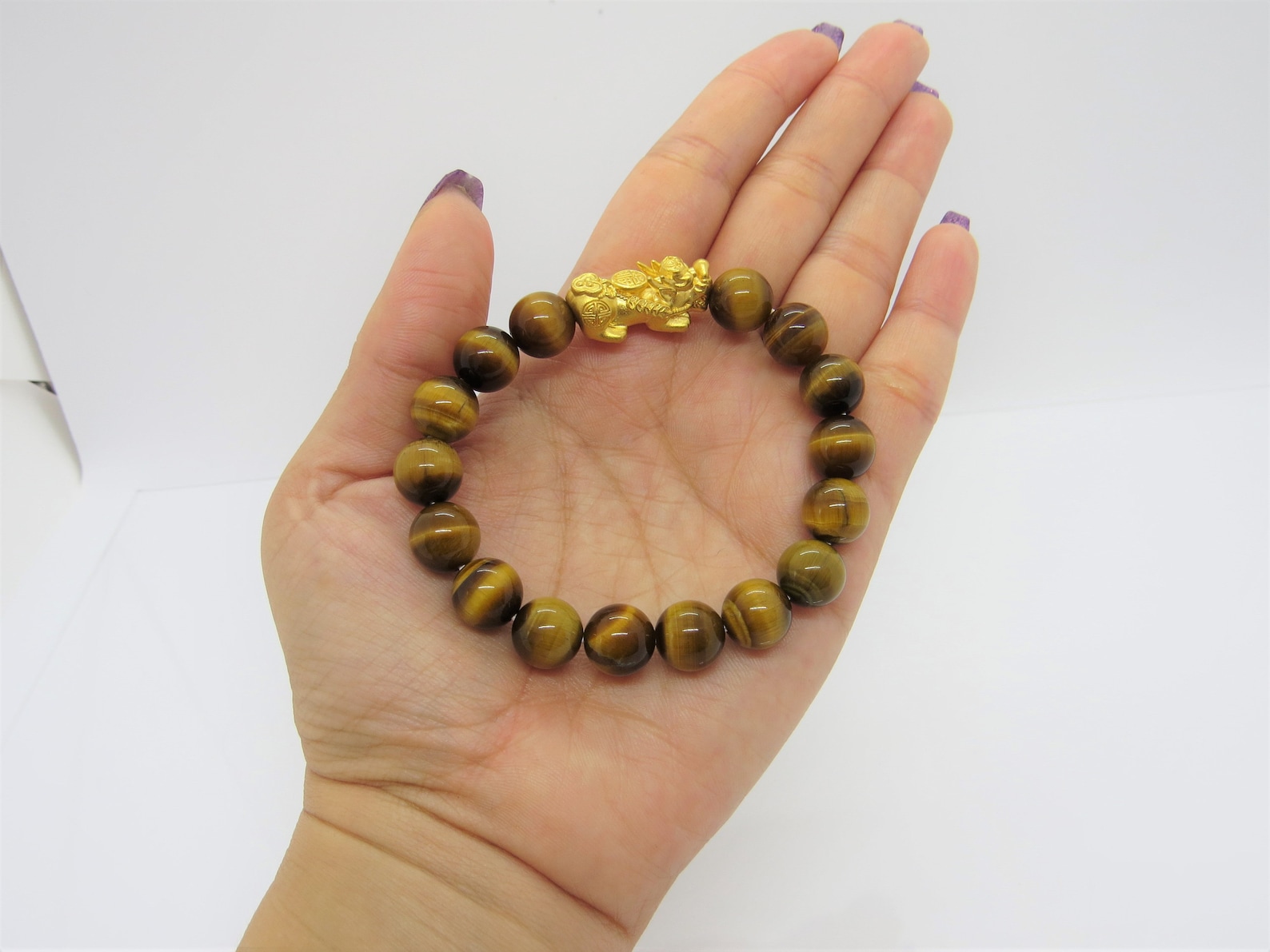 Vintage 24K 9999 Yellow Gold 3D Pixiu With Tiger's Eye Bead Elastic ...