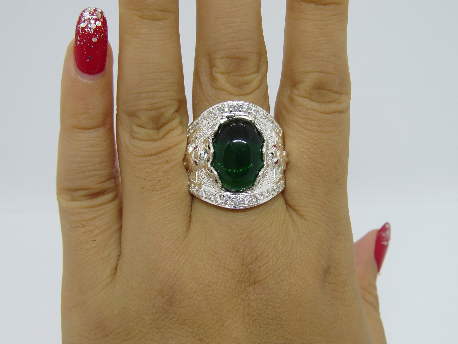Vintage Sterling Silver Emerald Cabochon Fish, Money Coin Ring Size 10 ...