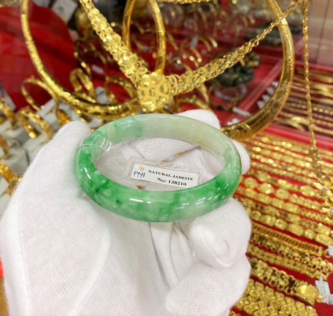 Translucent Natural Green, White Jadeite Jade Vintage Bangle Bracelet ...
