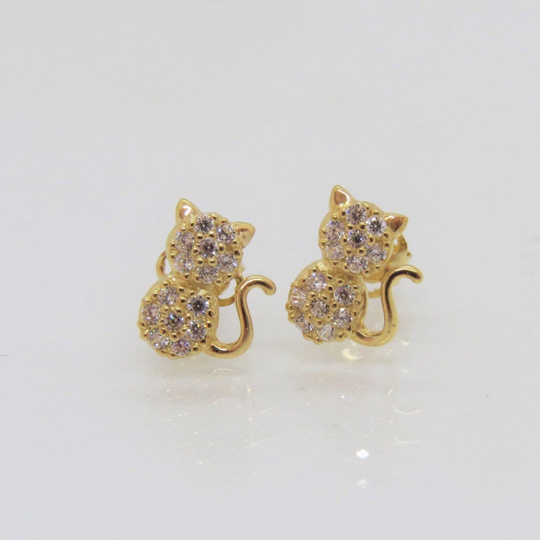 Vintage 14K Solid Yellow Gold White Topaz Kitty Cat Stud Earrings - Etsy