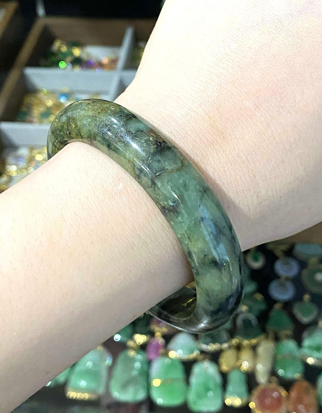 Translucent Green, Yellow, Black Jadeite Jade Vintage Bangle Bracelet ...