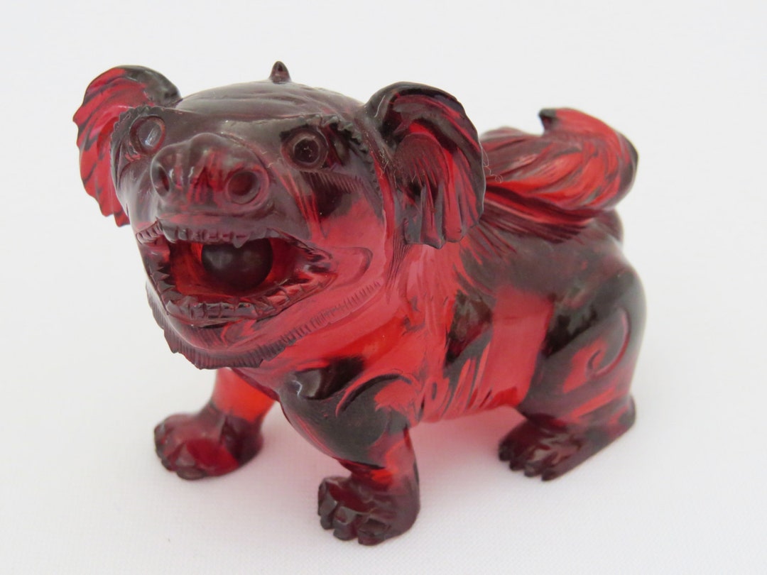 ANTIQUE Exquisite Small Hand Carved Red FOO DOG Statue - Etsy
