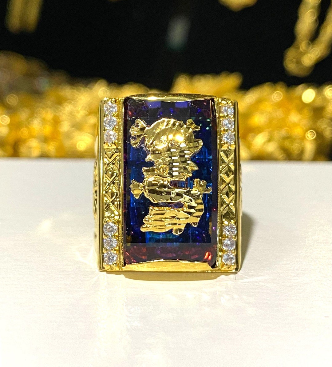 Vintage 15K 610 Yellow Gold Mystic Topaz & White Topaz Dragon Men's ...