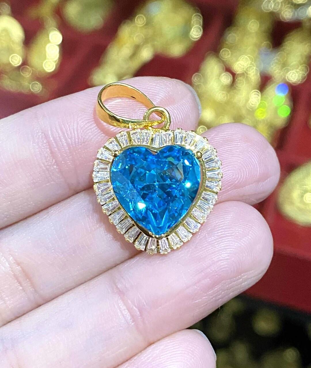 Vintage 15K 610 Solid Gold Heart Cut London Blue Topaz & White Topaz ...
