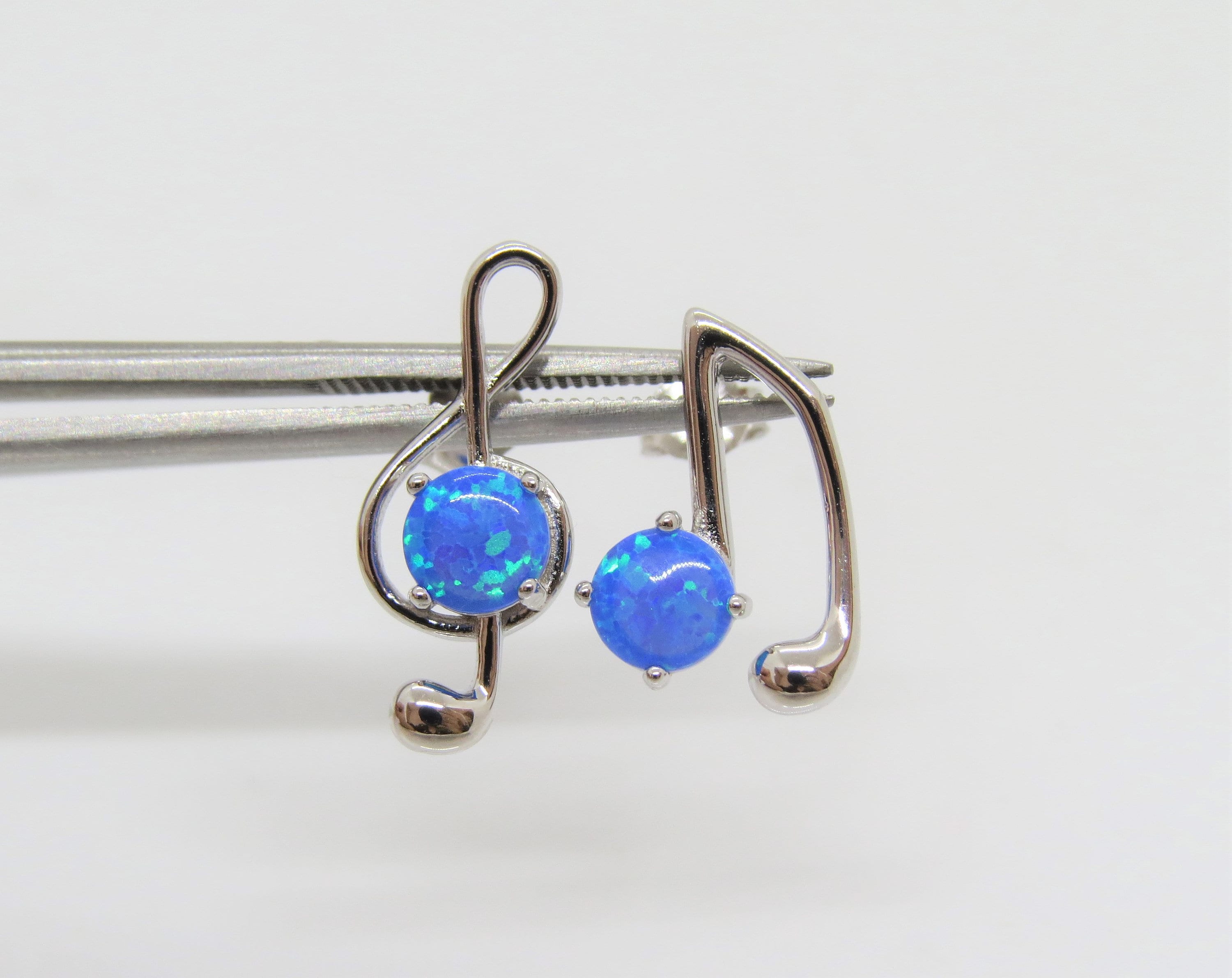 Vintage Sterling Silver Round Blue Opal Music Notes Earrings | Etsy