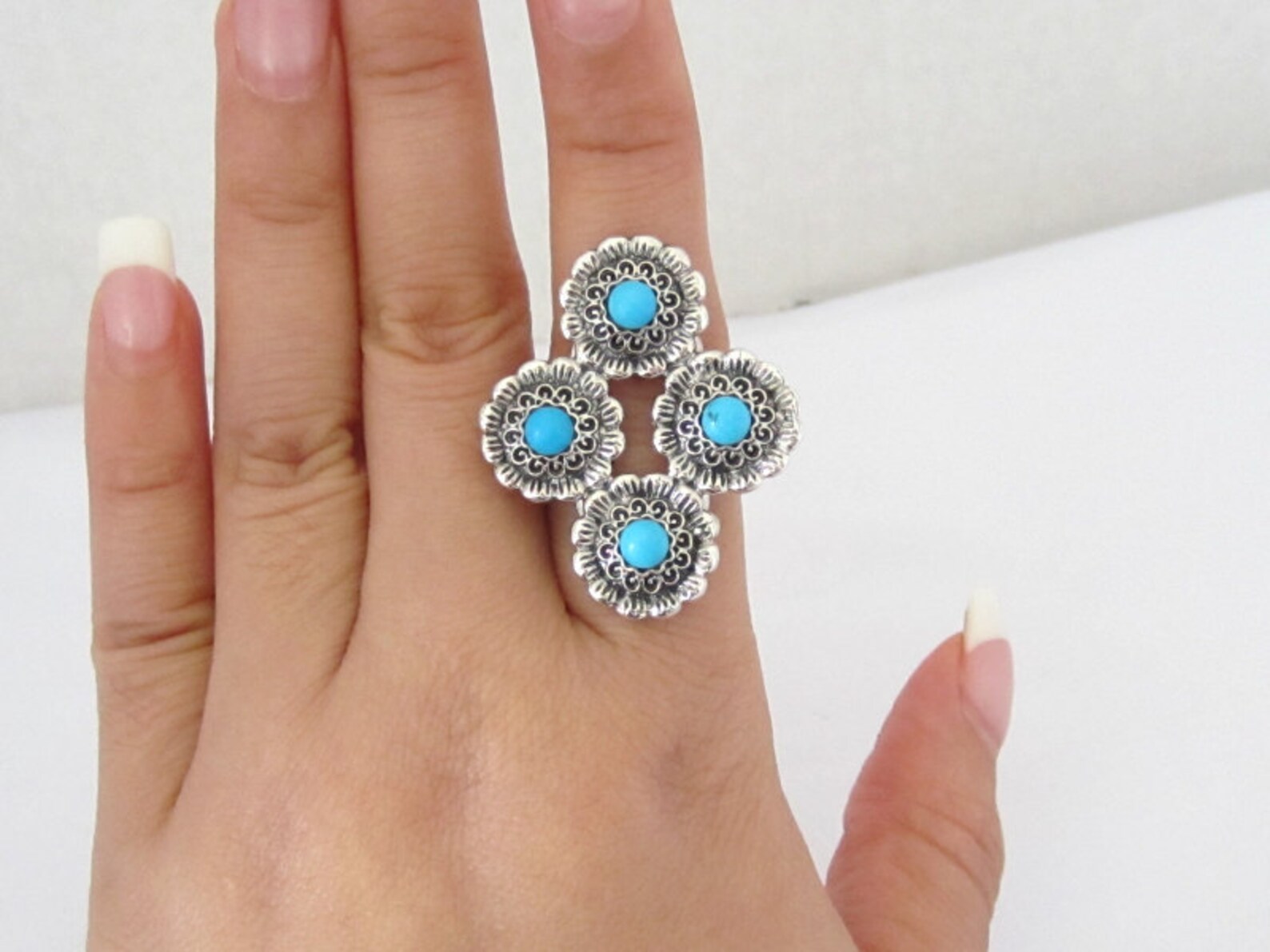 Vintage Sterling Silver Turquoise Flower Ring Size 7.25 | Etsy