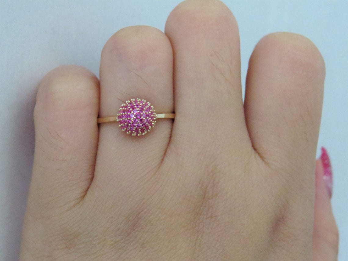 Vintage 18K Solid Yellow Gold Ruby Ball Pave Ring Size 6.25 - Etsy