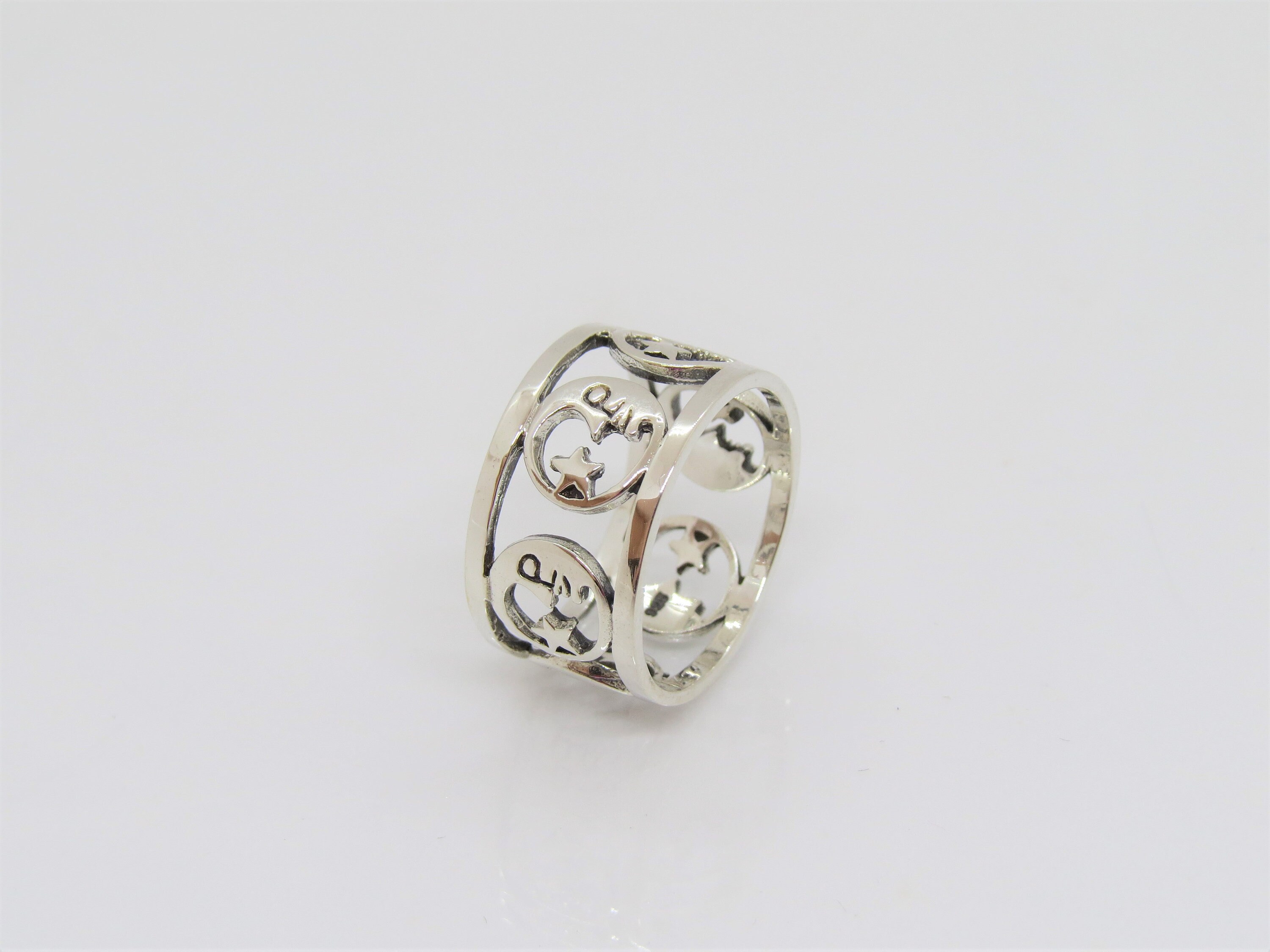 Vintage Sterling Silver Moon And Star Band Ring Size 7 5 Etsy