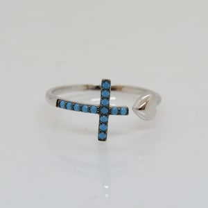 Vintage Sterling Silver Turquoise Cross & Heart Adjustable Ring Size 9 ...