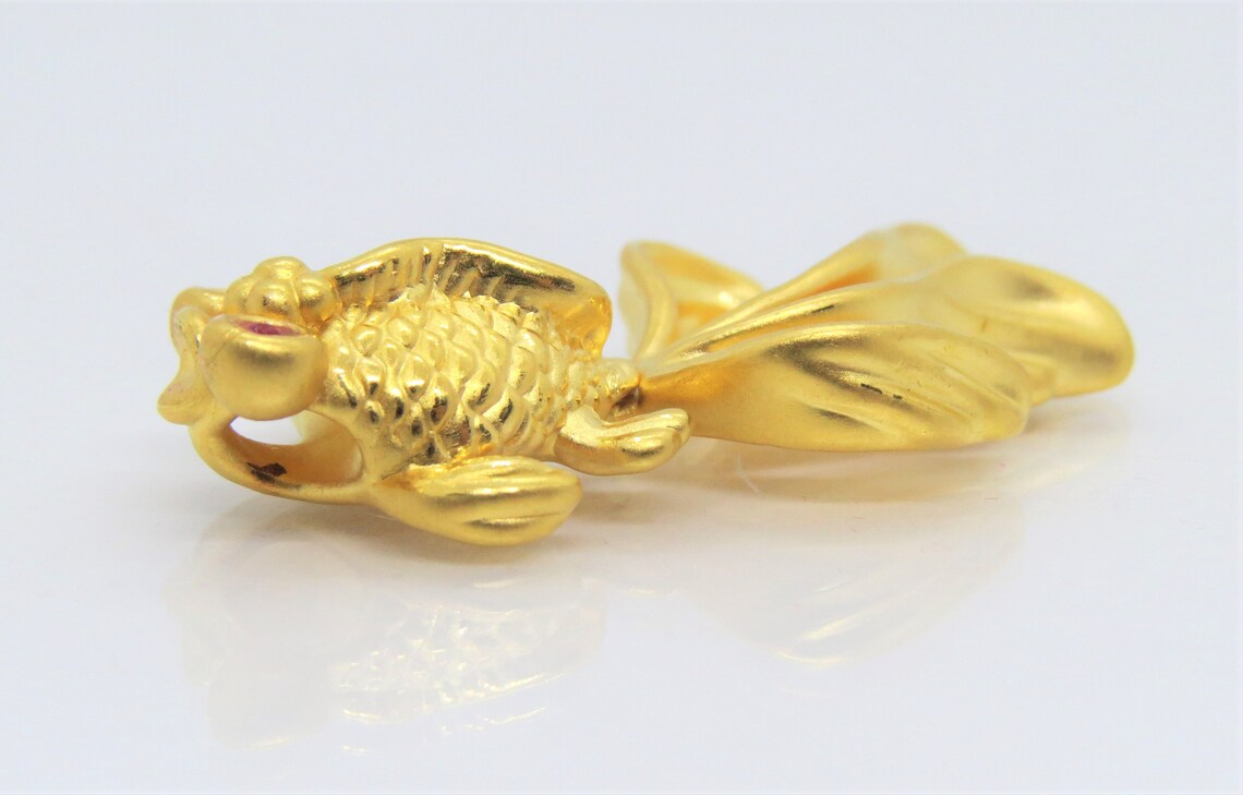 999 Pure Gold 3D Koi Fish, Goldfish Rubies on Eye Vintage Pendant - Etsy
