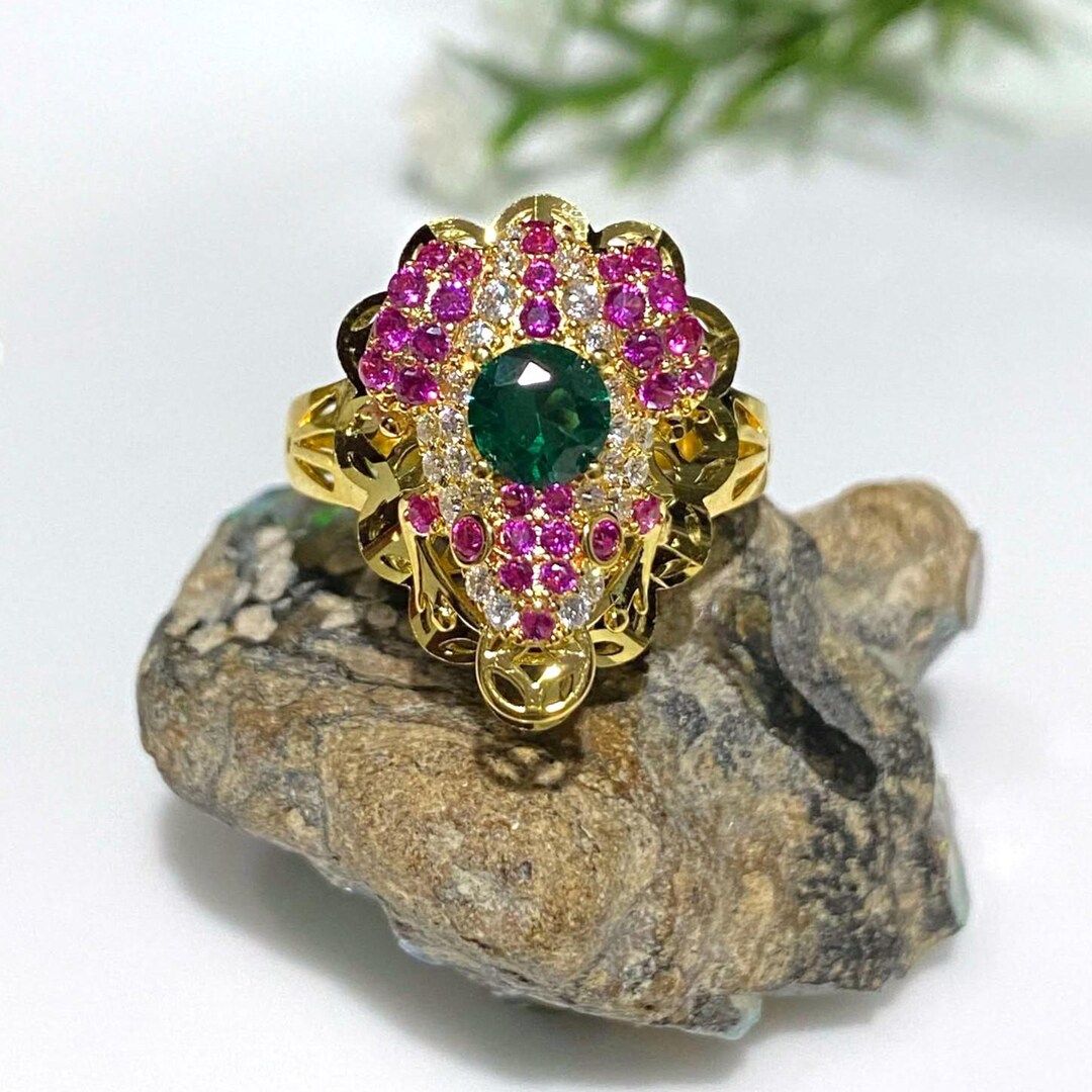 Vintage 15K 610 Solid Yellow Gold Emerald, Ruby & White Topaz Frog Ring ...
