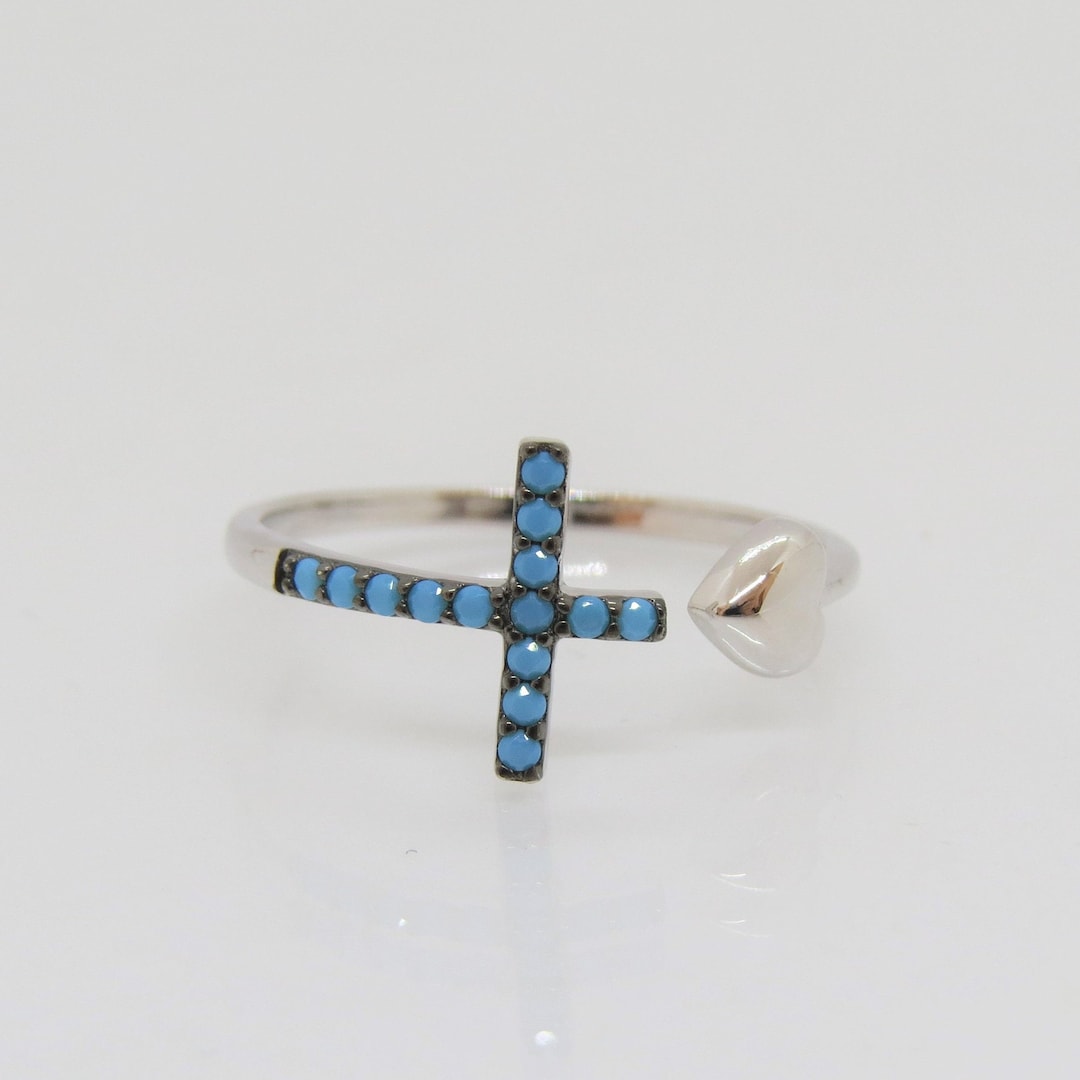 Vintage Sterling Silver Turquoise Cross & Heart Adjustable Ring Size 9 ...