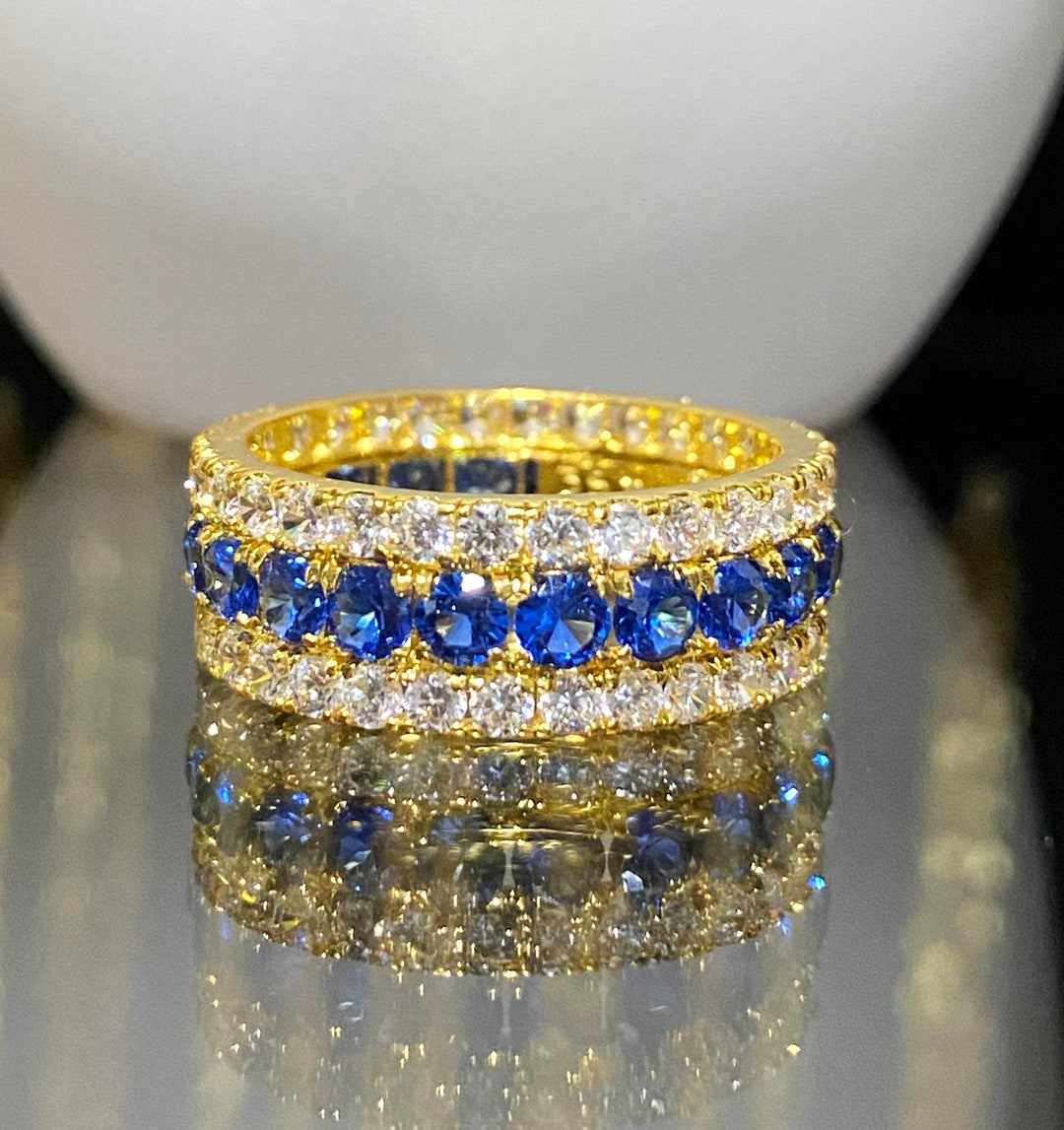 Vintage 15K 610 Solid Yellow Gold Blue Sapphire & White Topaz Band Ring ...