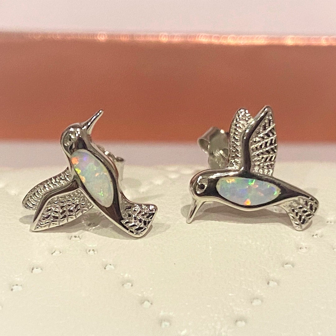 Sterling Silver White Opal Hummingbird Tiny Stud Earrings - Etsy