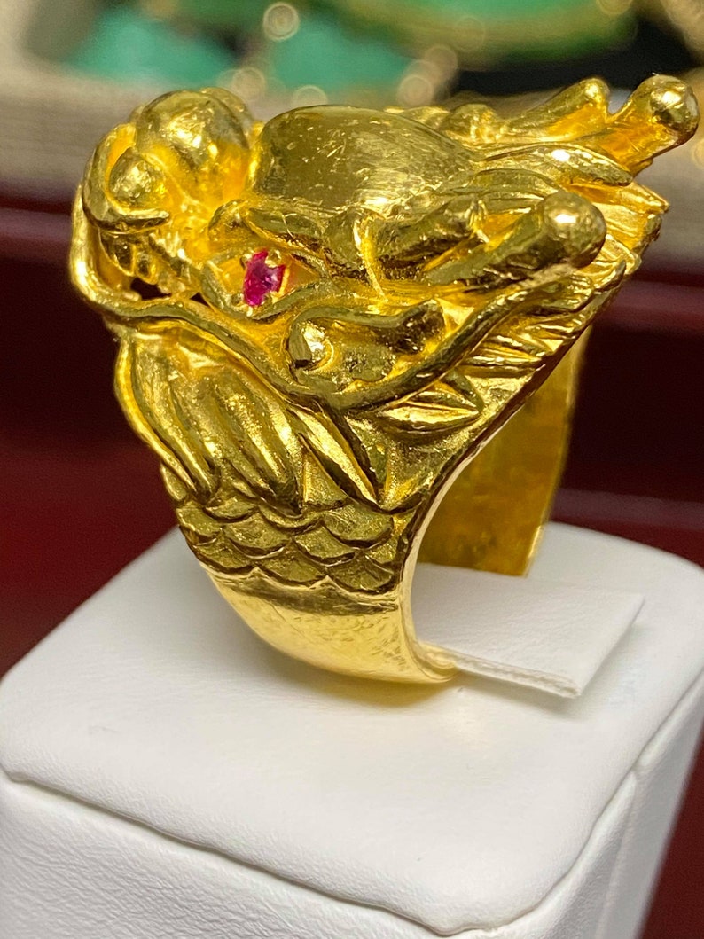 Vintage 24K Solid Pure Gold Ruby Emerald Dragon Head Heavy - Etsy
