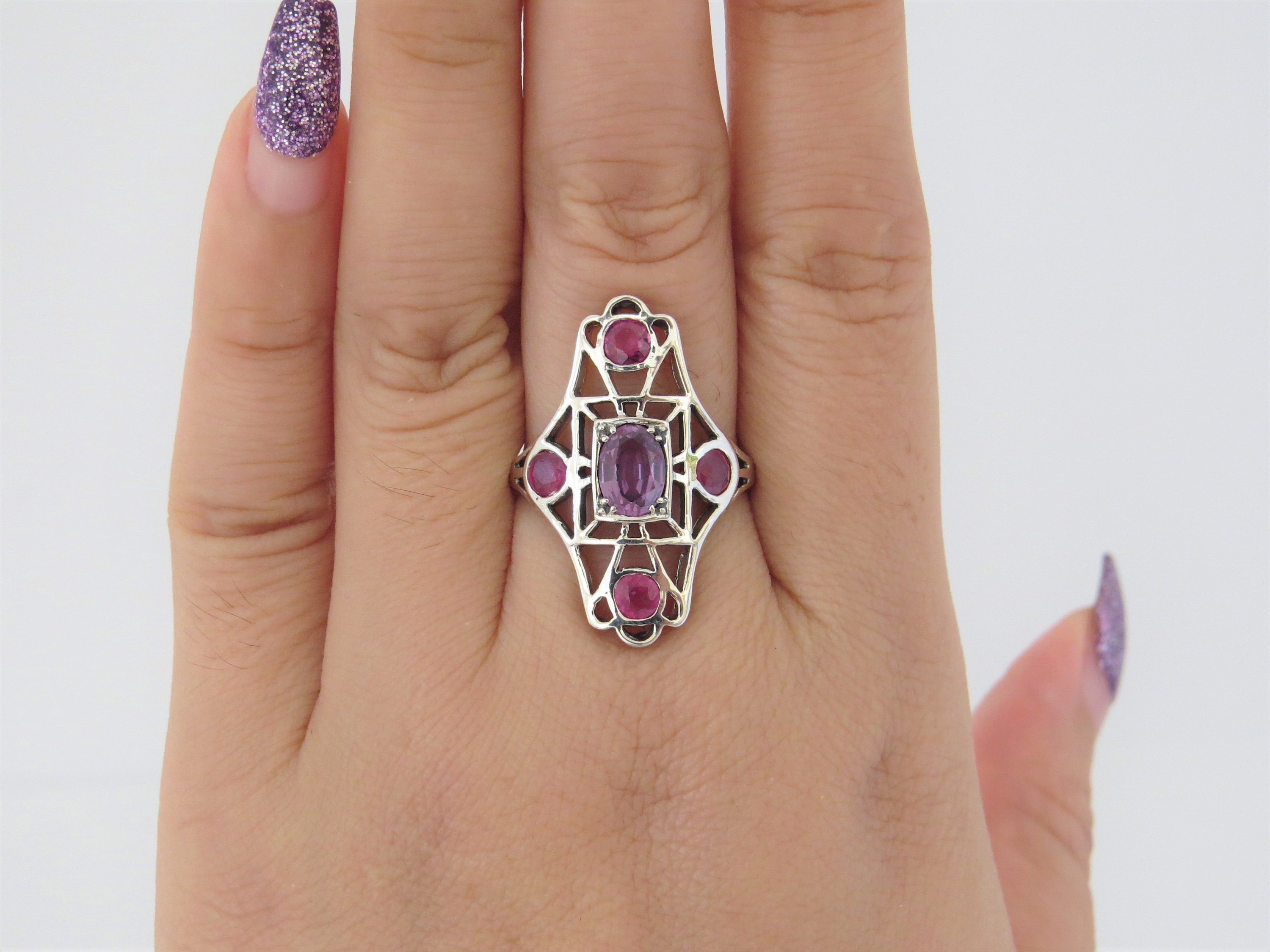 Vintage Sterling Silver Alexandrite & Ruby Long Ring Size 9 | Etsy