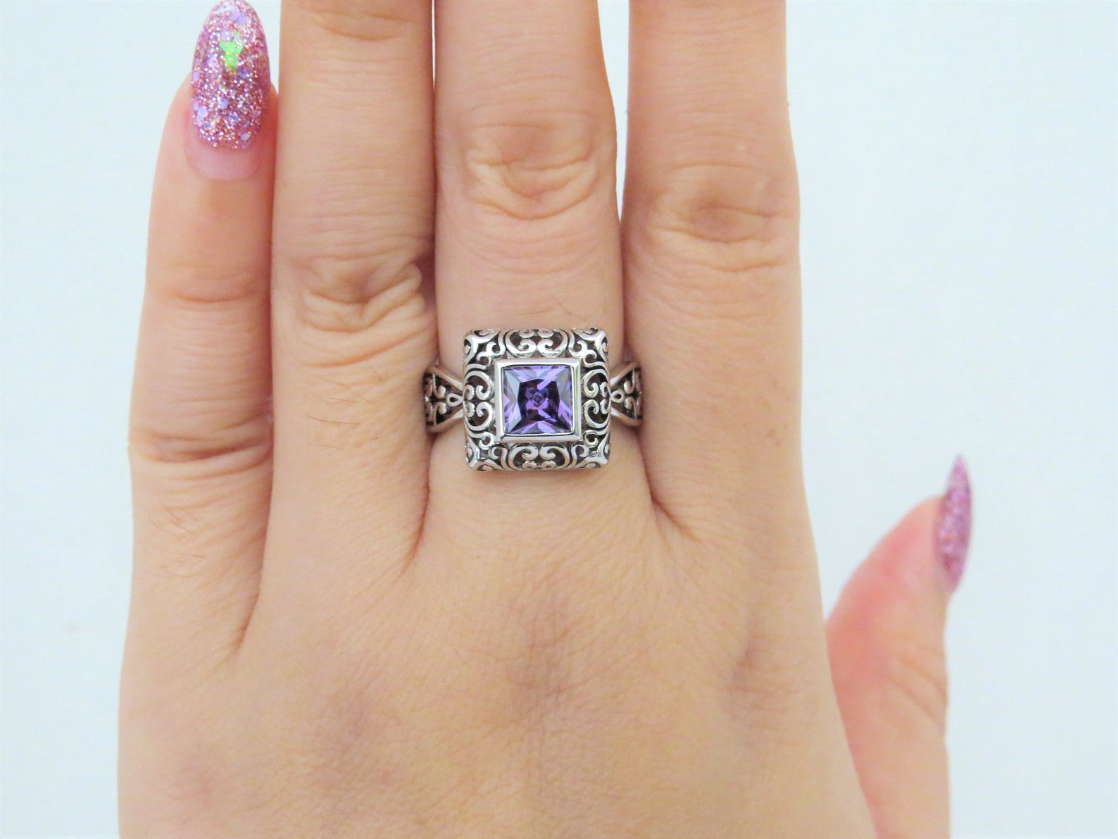 Vintage Sterling Silver Princess Cut Amethyst Filigree Ring | Etsy