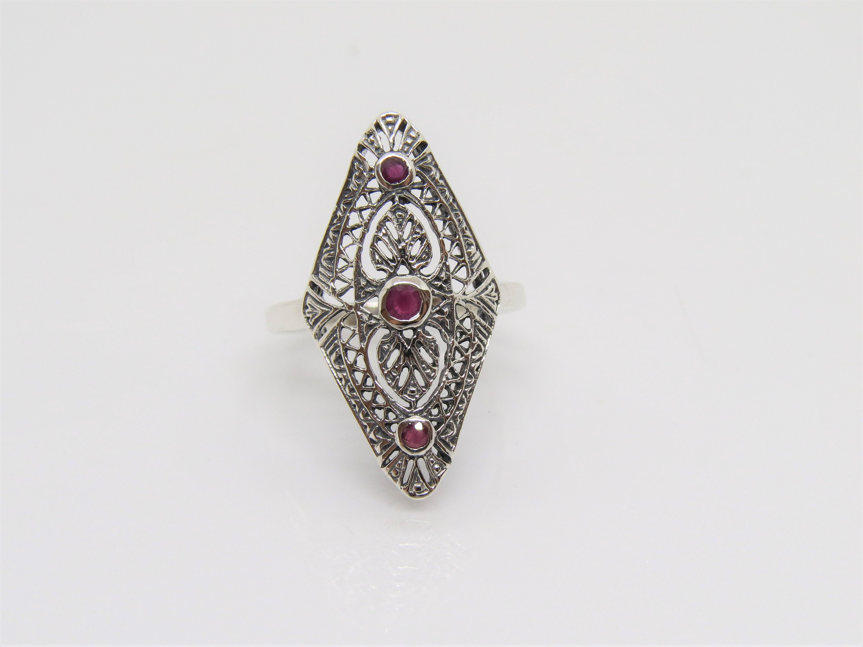 Vintage Sterling Silver Natural Ruby Filigree Long Ring Size | Etsy