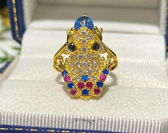 Vintage 15K 610 Solid Yellow Gold Emerald & White Topaz Frog Ring Size ...