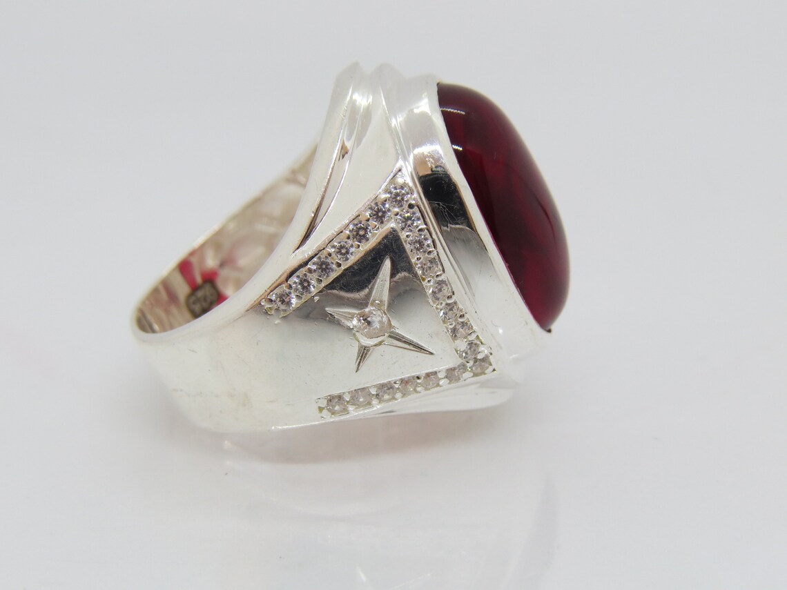 Vintage Sterling Silver Ruby Cabochon & White Topaz Men's Ring Size 10. ...
