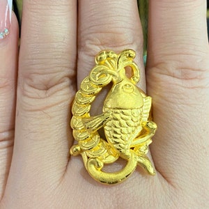 24K 999 Pure Gold 3D Fish Goldfish Money Coin Luck Vintage Ring Size 7. ...