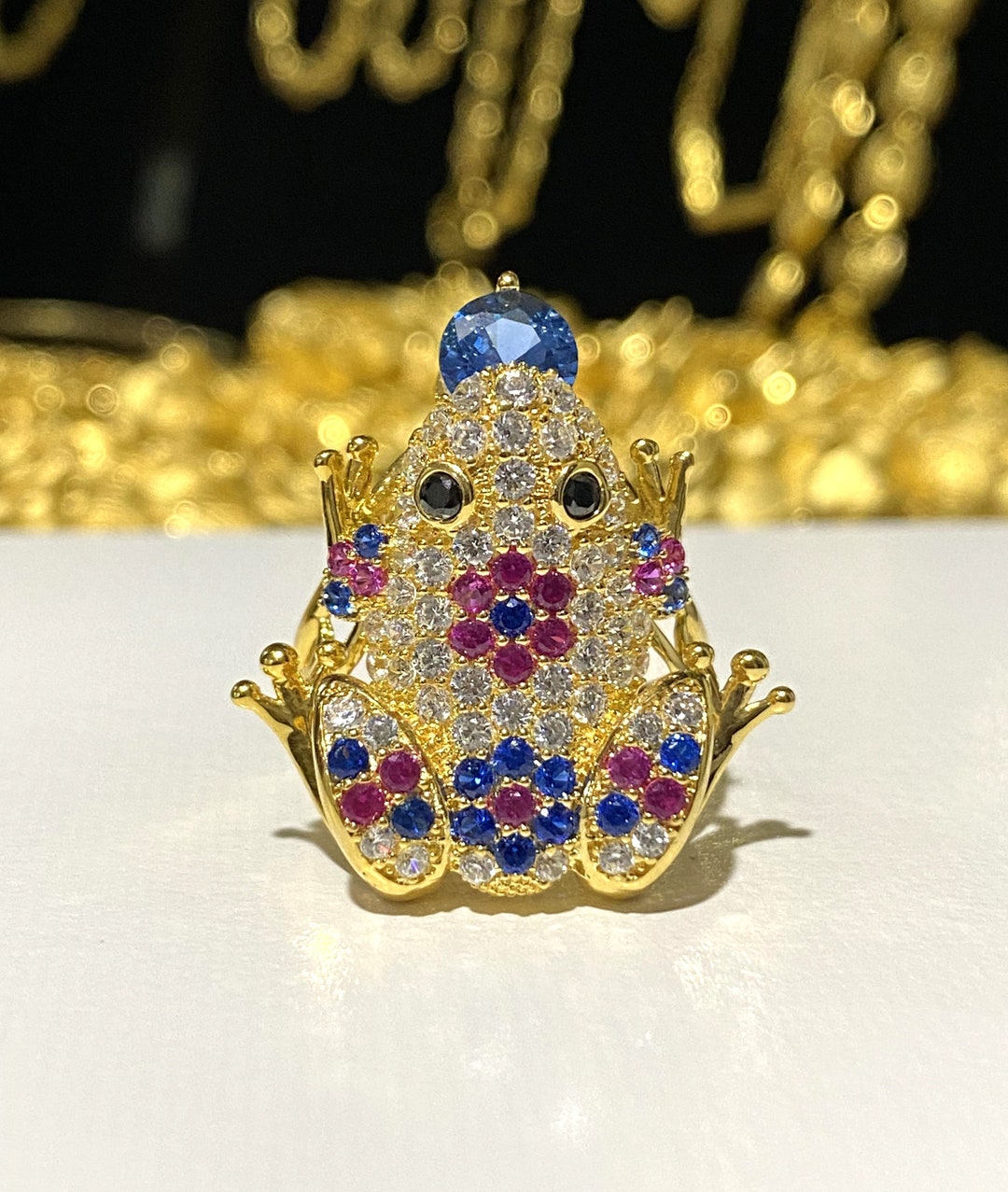 Vintage 18K Solid Yellow Gold Ruby, Blue Sapphire, White Topaz & Black ...