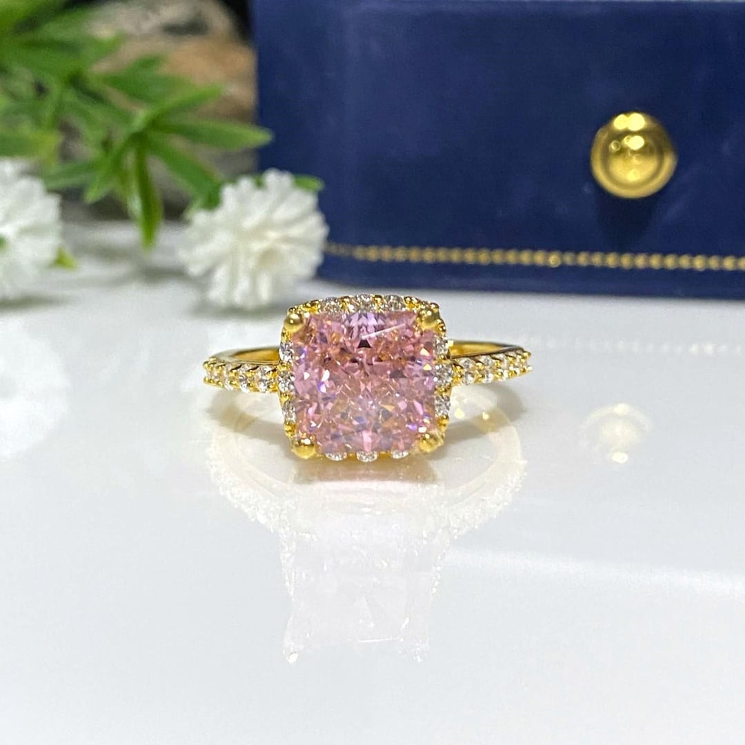 Vintage 15K 610 Solid Yellow Gold Pink Sapphire & White Topaz Halo Ring ...
