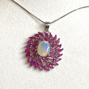 Vintage Sterling Silver Natural Fire Opal & Ruby Pendant Necklace Chain ...