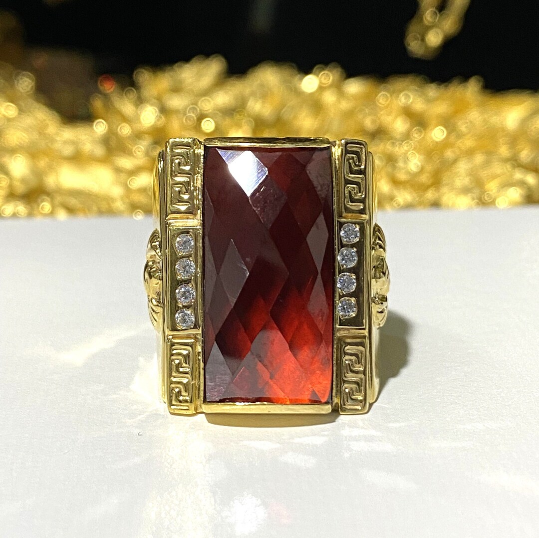 Vintage 15K 610 Yellow Gold Garnet & White Topaz Men's Ring Size 9.25 ...