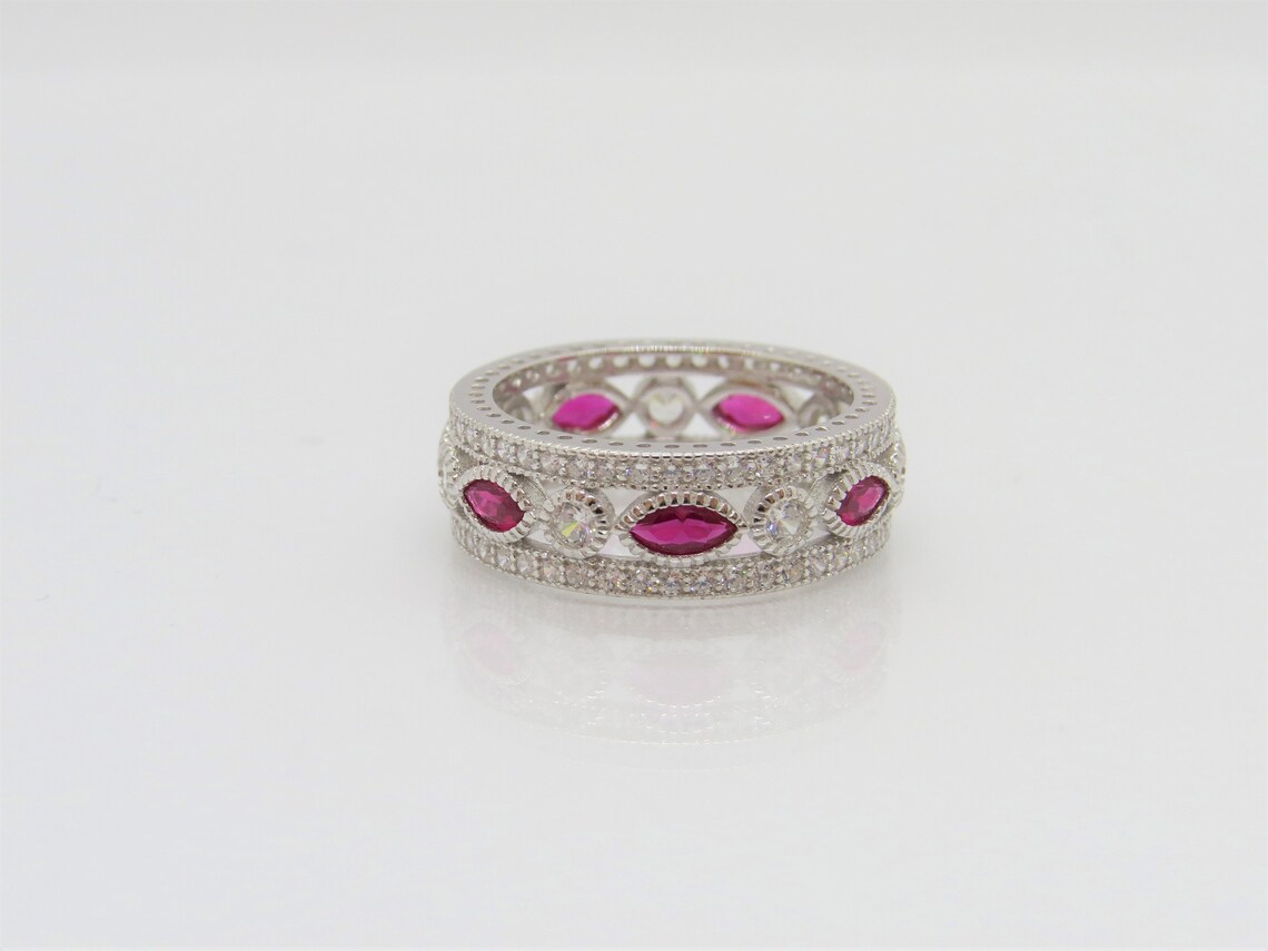 Vintage Sterling Silver Ruby & White Topaz Band Ring Size 8 - Etsy