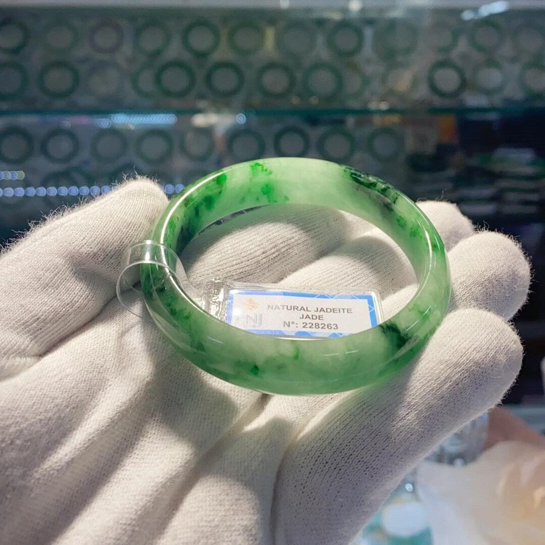 Vintage Translucent Natural Green, White & Black Jadeite Jade Bangle ...