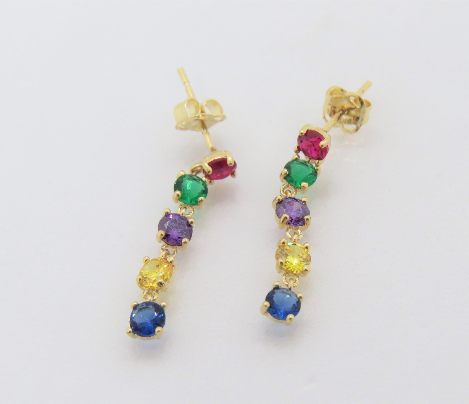 Vintage 14K Solid Yellow Gold Multi Color Gemstones Dangle Drop ...