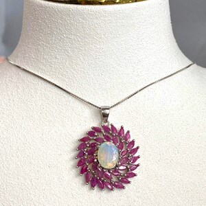 Vintage Sterling Silver Natural Fire Opal & Ruby Pendant Necklace Chain ...