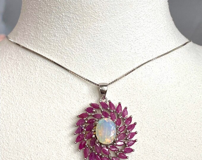 Vintage Sterling Silver Natural Fire Opal & Ruby Pendant Necklace Chain ...