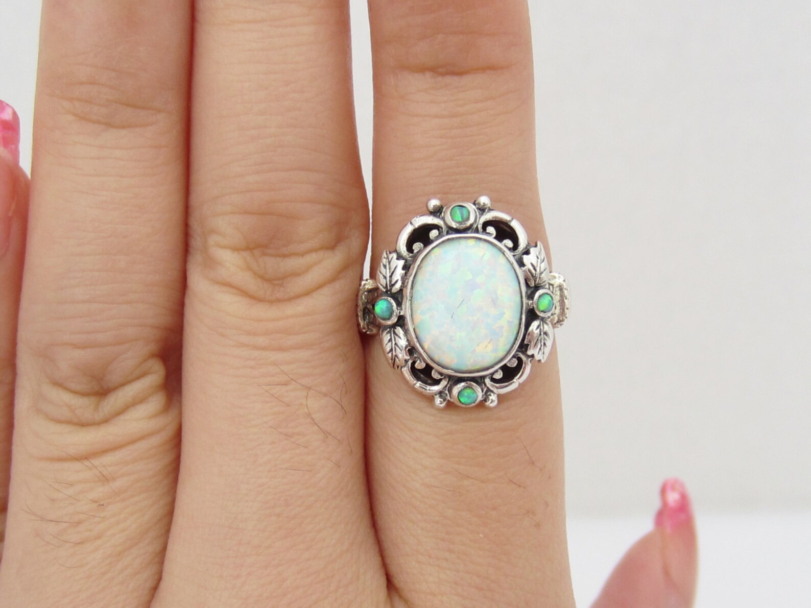 Vintage Sterling Silver White & Green Opal Filigree Ring Size - Etsy