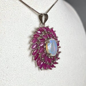 Vintage Sterling Silver Natural Fire Opal & Ruby Pendant Necklace Chain ...