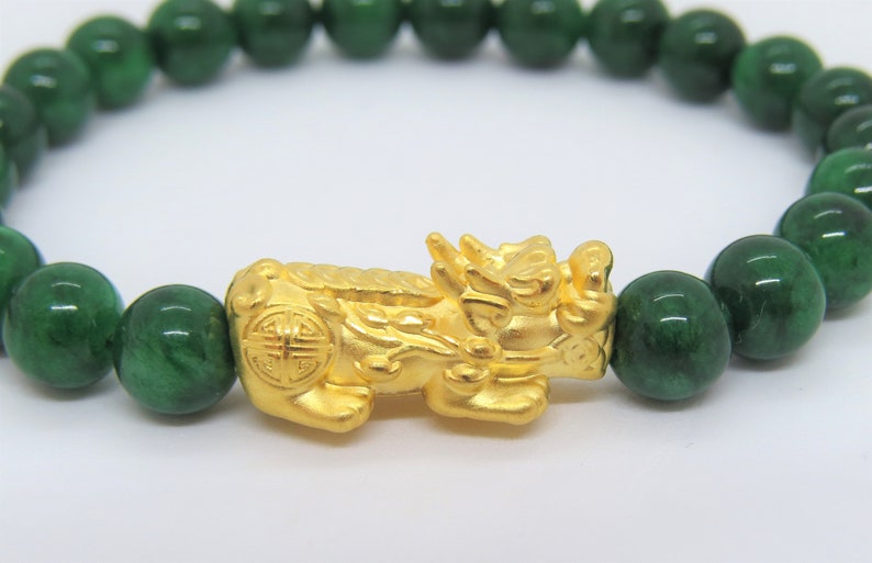 Vintage 24K 999 Pure Gold 3D Pixiu With Green Jadeite Jade Bead ...