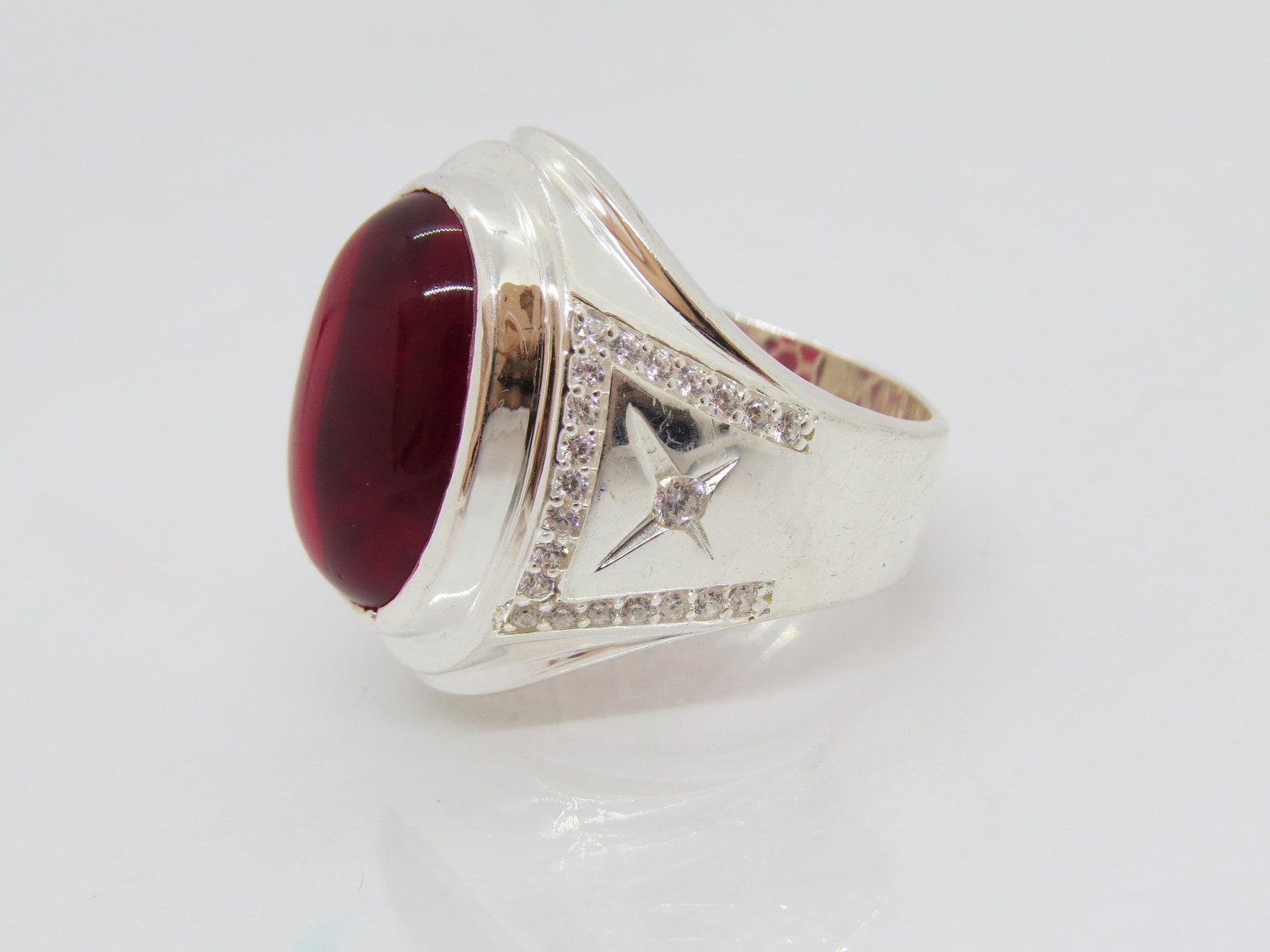 Vintage Sterling Silver Ruby Cabochon & White Topaz Men's Ring Size 10. ...