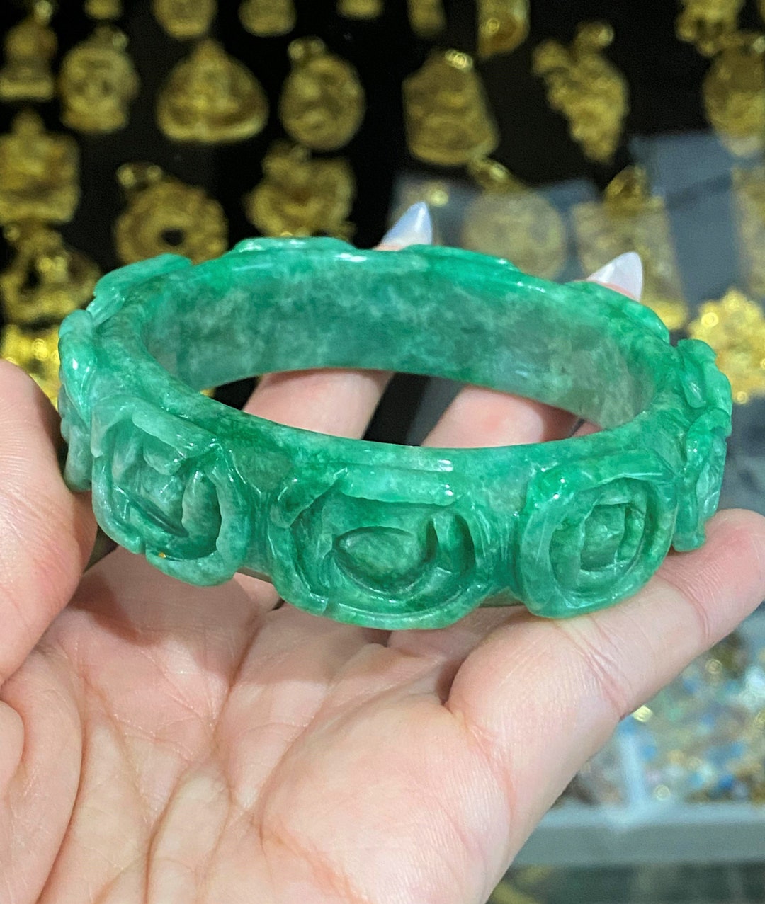 Translucent Green Jadeite Jade Carved Flower Vintage Bangle Bracelet ...