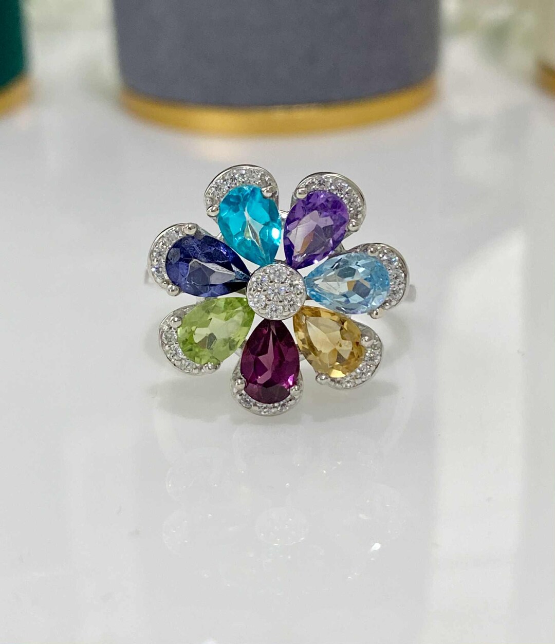 Vintage Sterling Silver Gemstone Flower Ring, Size 7.5. - Etsy
