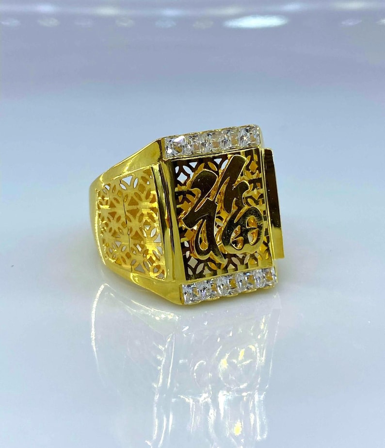 Vintage 15K 610 Yellow Gold Chinese Letters LUCK White Topaz Men's Ring ...