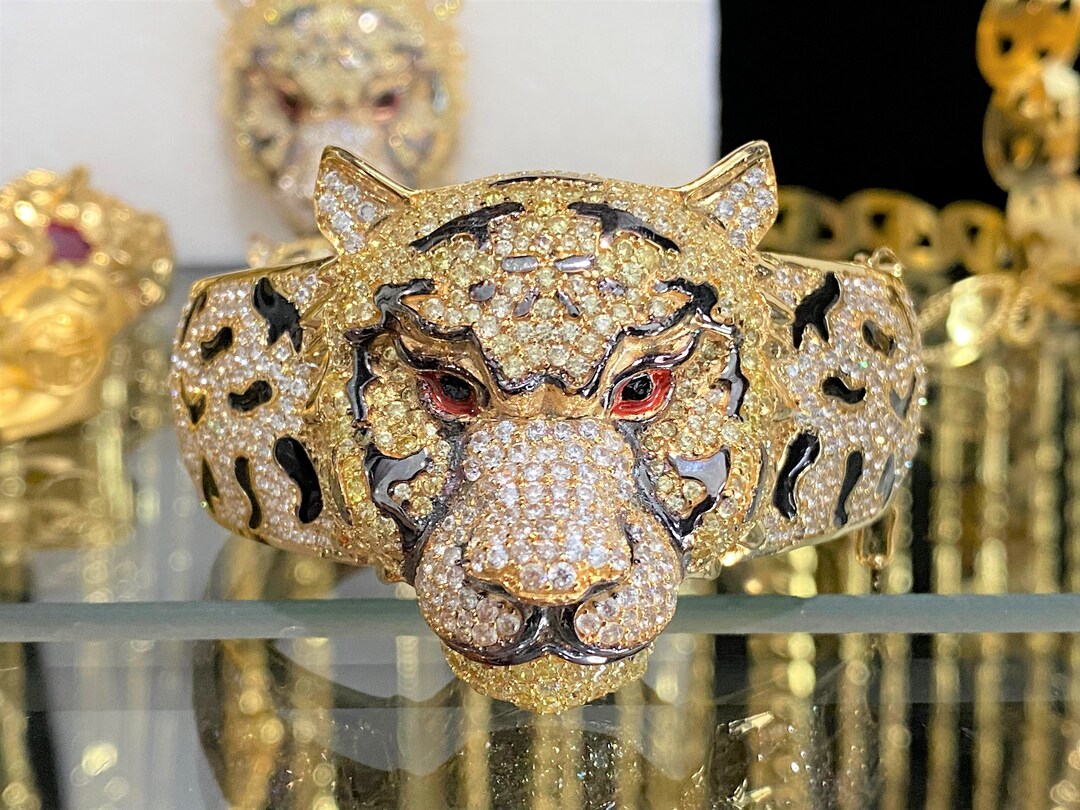 Vintage 18K Solid Gold Enamel White Topaz Tiger Bangle Bracelet 7 1/2 ...