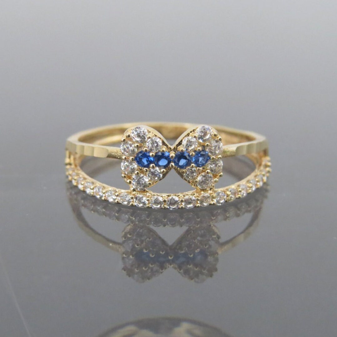 Vintage 18K Solid Yellow Gold Blue Sapphire & White Topaz Bow Band Ring ...